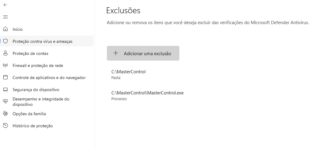 Defender – Windows 11 – Configurando exceções para o Master CONTROL ...